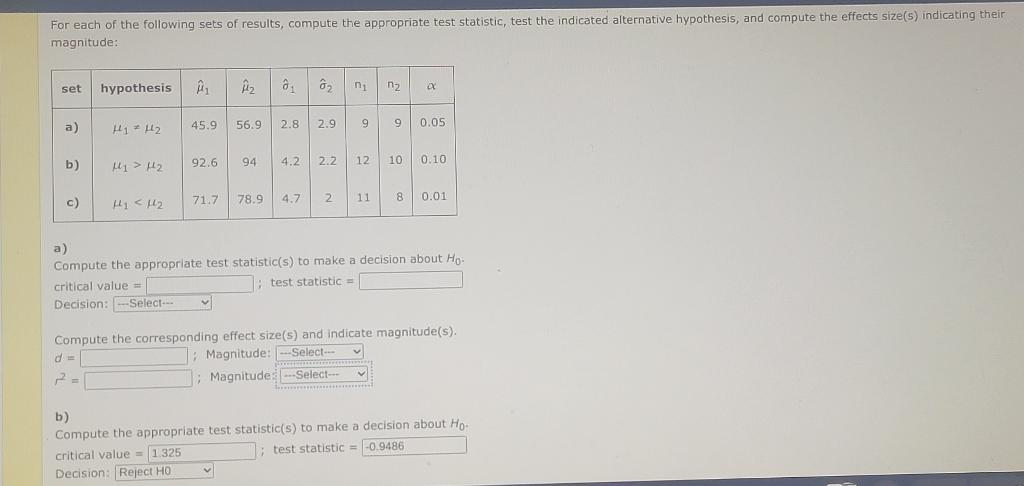 Solved For each of the following sets of results, compute | Chegg.com