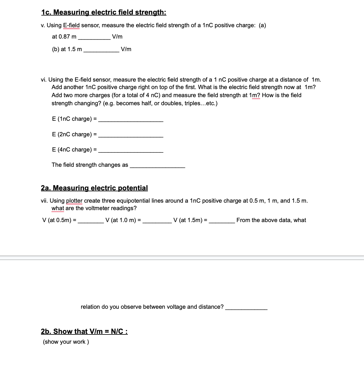 Solved 1c. Measuring electric field strength:\\nv. Using | Chegg.com