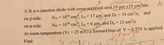 Solved A Si p-n junction diode with cross-sectional area | Chegg.com