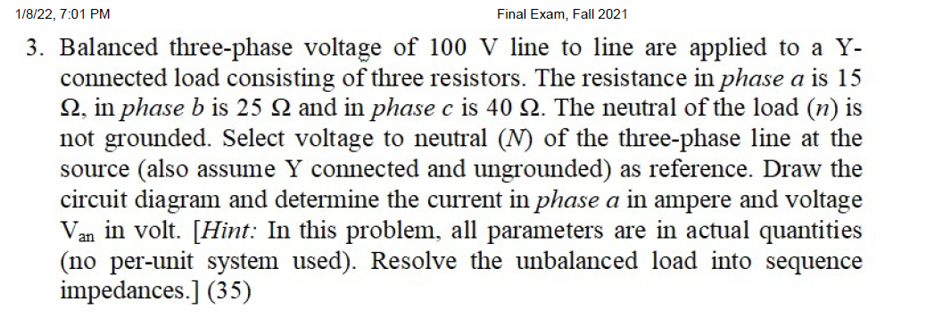 3. Balanced three-phase voltage of 100 V line to line | Chegg.com
