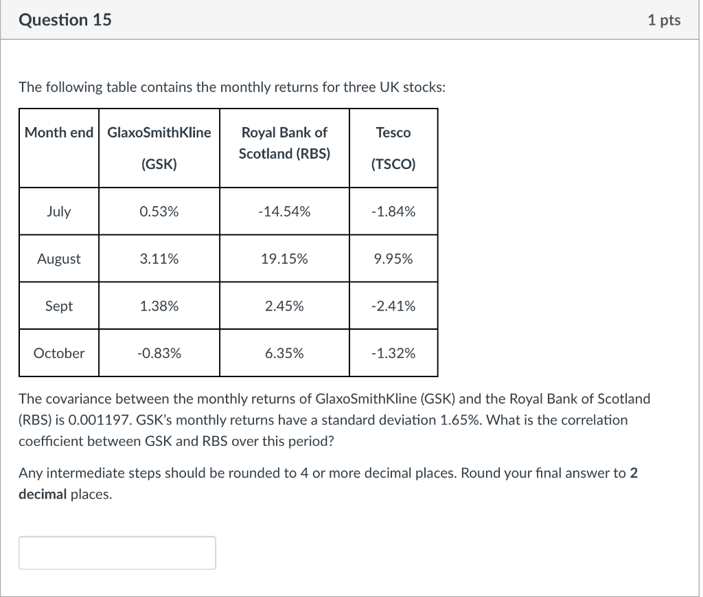Solved The following table contains the monthly returns for | Chegg.com
