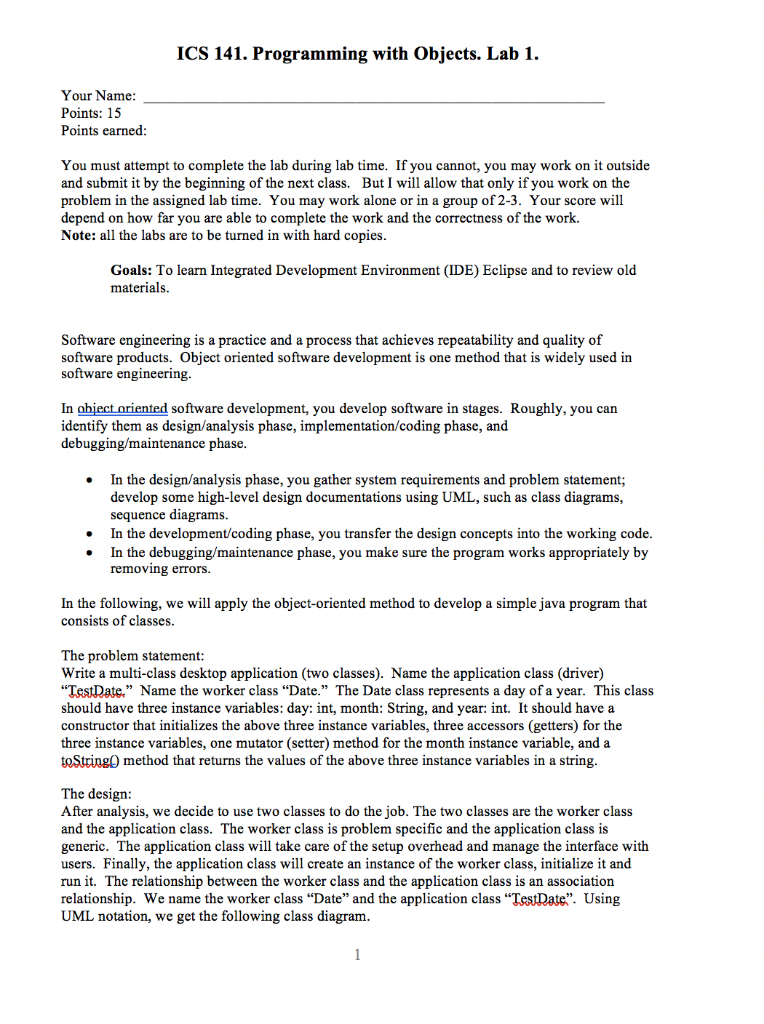 Solved ICS 141. Programming with Objects. Lab 1. Your Name: | Chegg.com