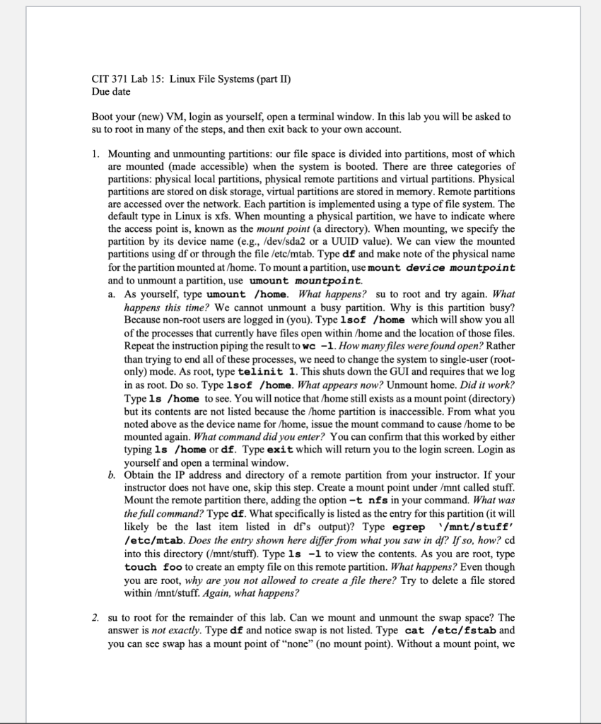 Solved CIT 371 Lab 15: Linux File Systems (part II) Due date | Chegg.com