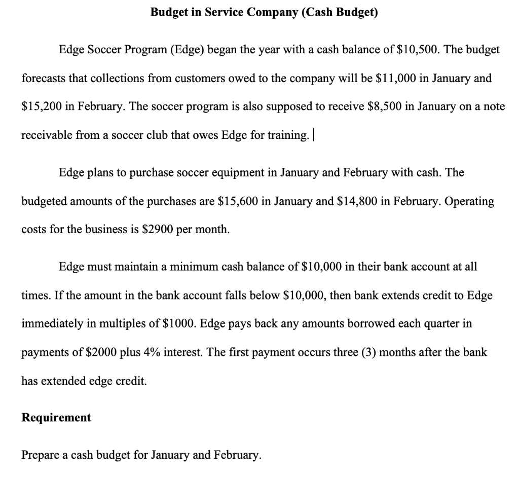 Solved Budget in Service Company (Cash Budget) Edge Soccer | Chegg.com