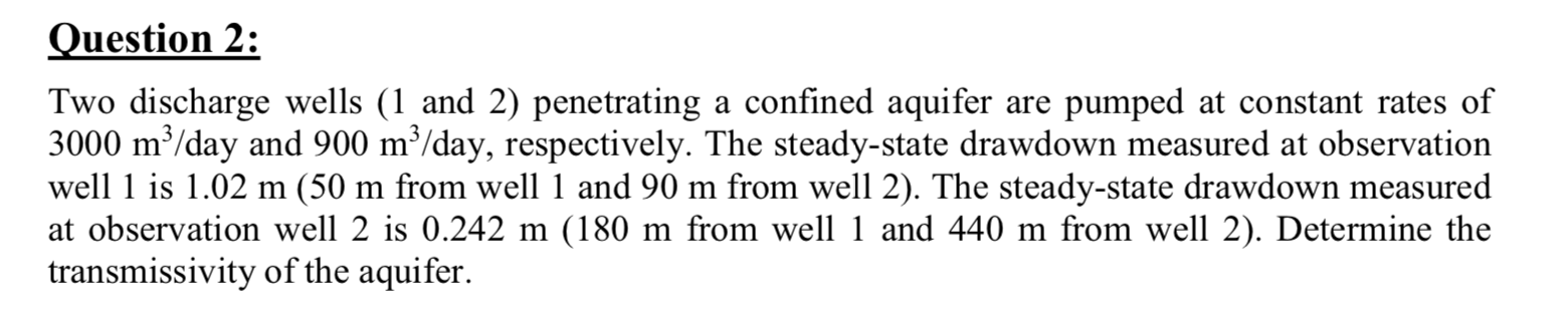 Solved Question 2: Two discharge wells (1 and 2) penetrating | Chegg.com