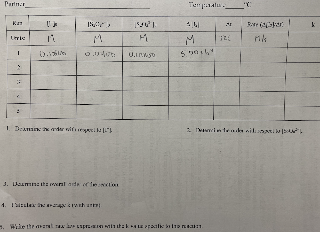 Laboratory report sheet Experiment 12 The rate law of | Chegg.com