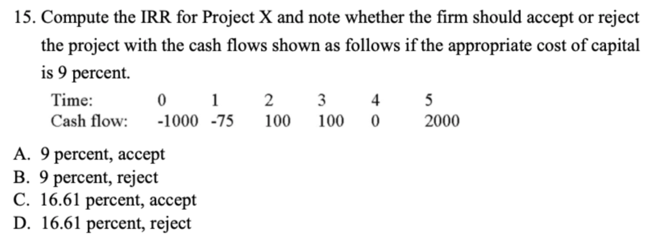 Solved 15. Compute the IRR for Project X and note whether | Chegg.com