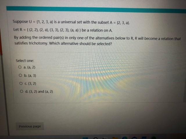 Solved Suppose U={1,2,3, a } is a universal set with the | Chegg.com Solved Suppose U={1,2,3, a } is a universal set with the | Chegg.com