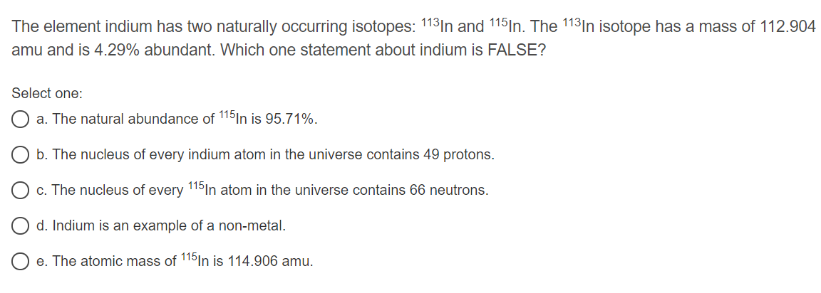 Solved The element indium has two naturally occurring | Chegg.com