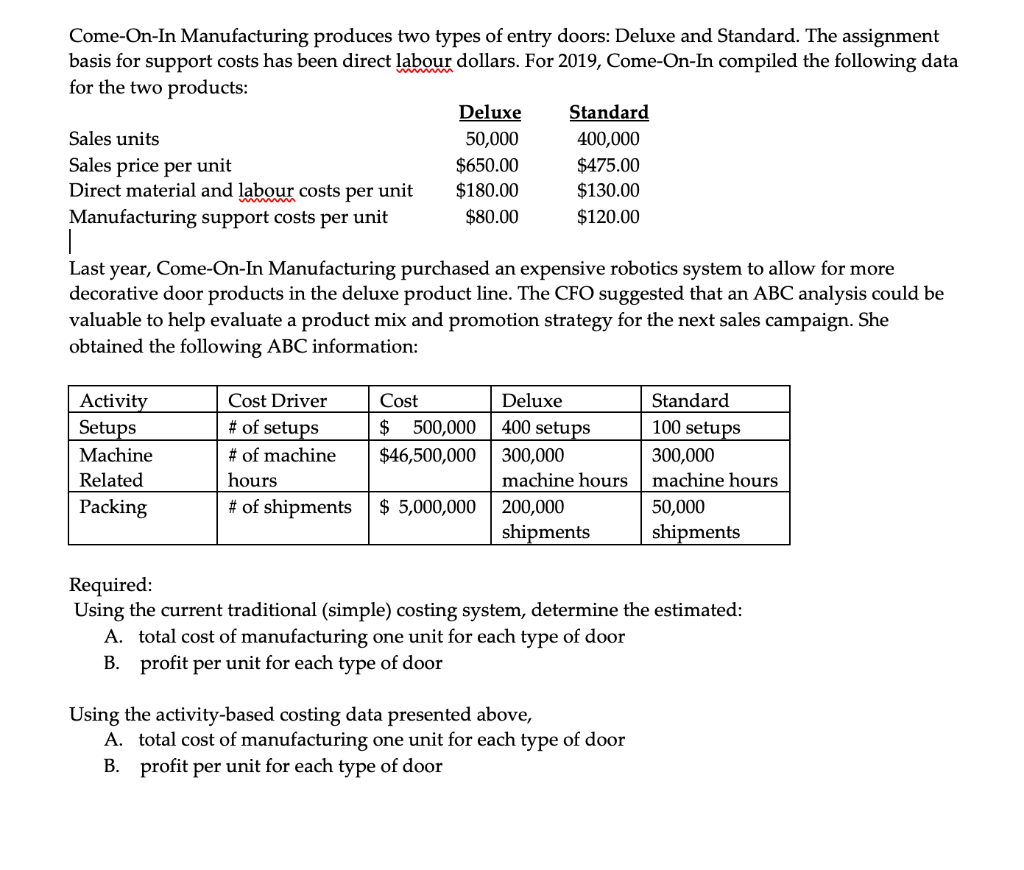 Solved Come-On-In Manufacturing produces two types of entry | Chegg.com