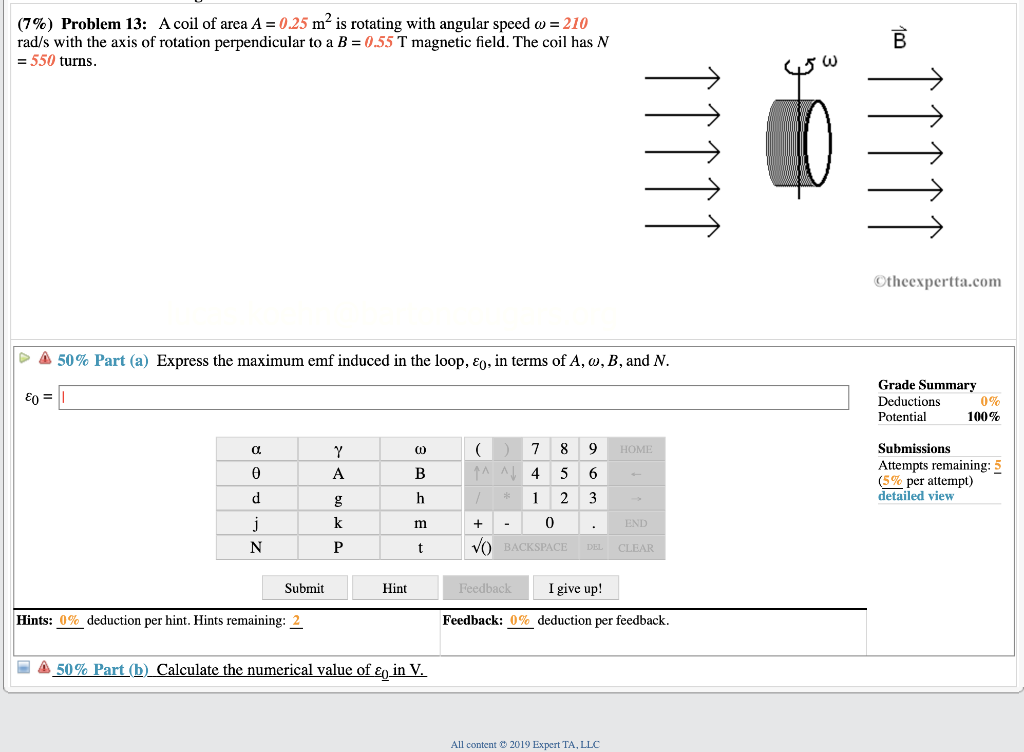Solved (7%) Problem 13: A coil of area A = 0.25 mis rotating | Chegg.com