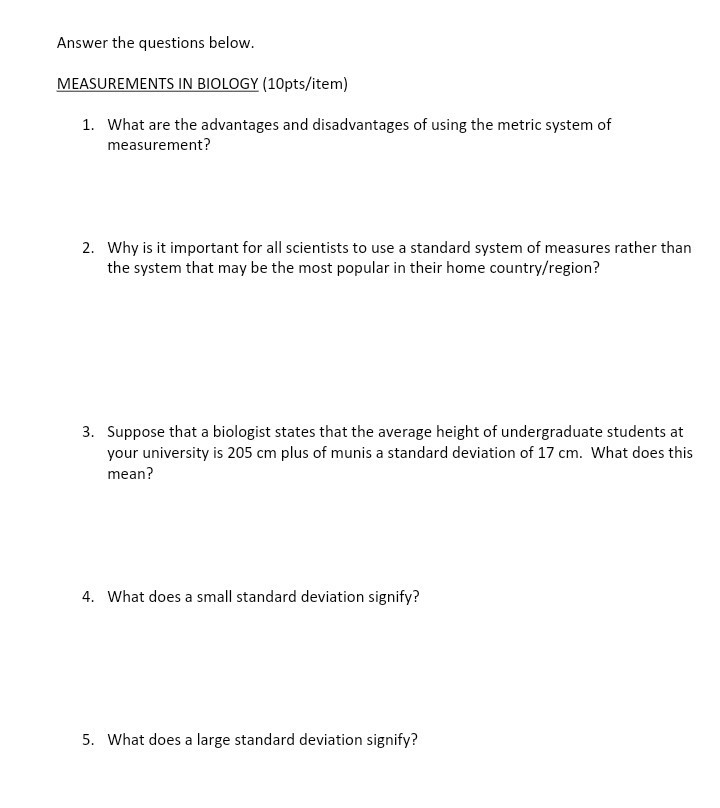 Solved Answer the questions below MEASUREMENTS IN BIOLOGY | Chegg.com