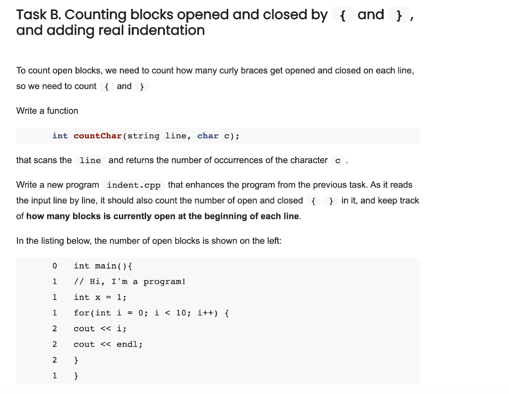 Solved Task B. Counting blocks opened and closed by { and } | Chegg.com
