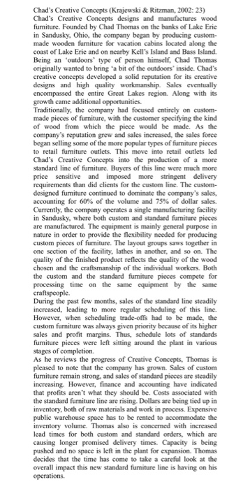 Solved Chad's Creative Concepts (Krajewski & Ritzman, 2002: | Chegg.com