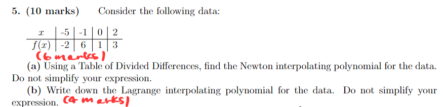 Solved 5. (10 marks) Consider the following data: (a) Using | Chegg.com