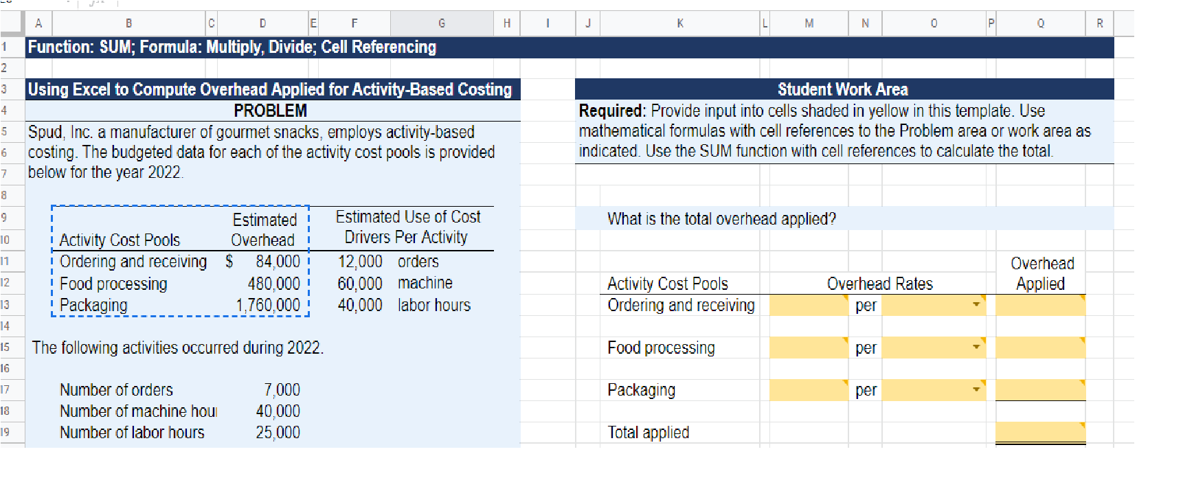 Solved Please provide the formulas in the yellow box for | Chegg.com