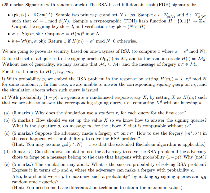 Solved (25 marks: Signature with random oracle) The | Chegg.com