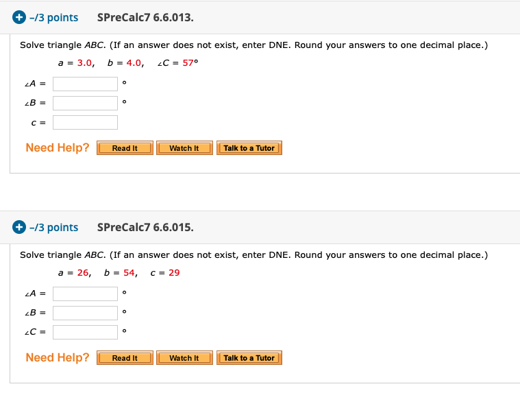 Solved + -/3 points SPreCalc7 6.6.013. Solve triangle ABC. | Chegg.com