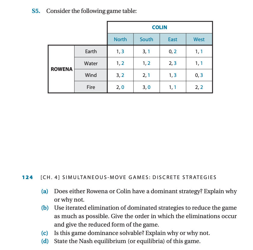 Solved S5. Consider the following game table: COLIN North | Chegg.com