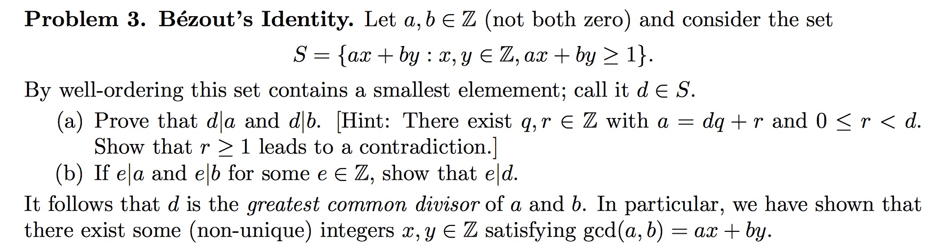 Solved Problem 3. Bézout’s Identity. Let a, b e Z (not both | Chegg.com