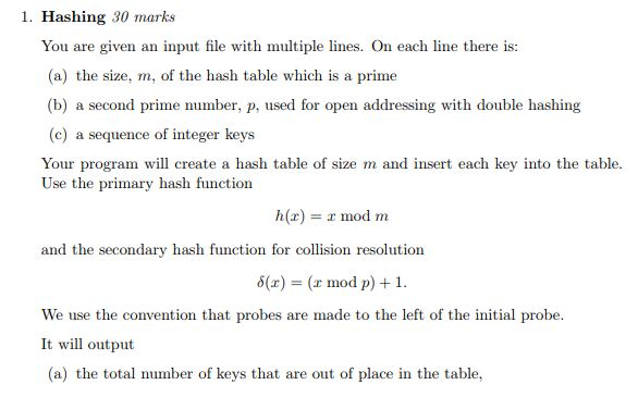 1. Hashing 30 marks You are given an input file with | Chegg.com