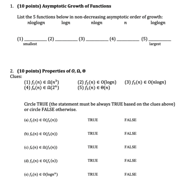 Solved 1 10 Points Asymptotic Growth Of Functions List