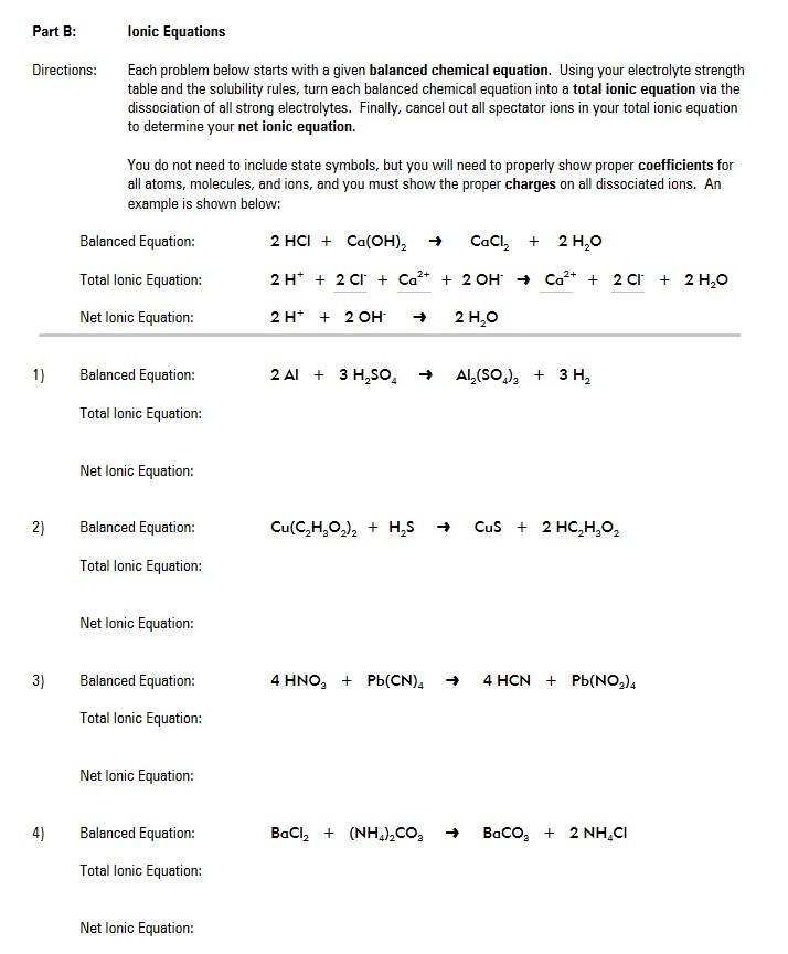 Solved Part B: Ionic Equations Directions: Each problem | Chegg.com
