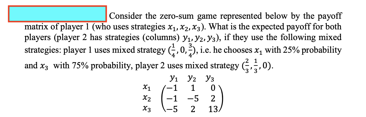 Solved Consider the zero-sum game represented below by the | Chegg.com