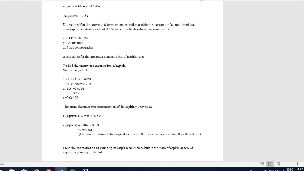 Solved From the concentration of your original aspirin | Chegg.com