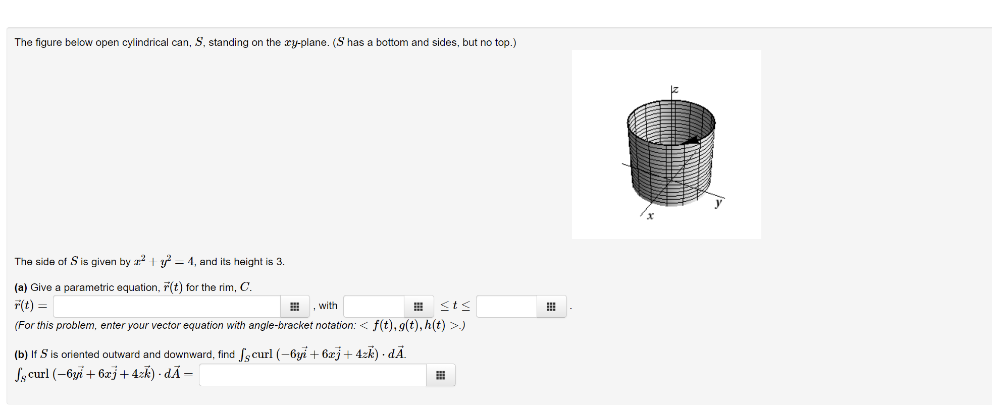 Solved The figure below open cylindrical can, S, standing on | Chegg.com