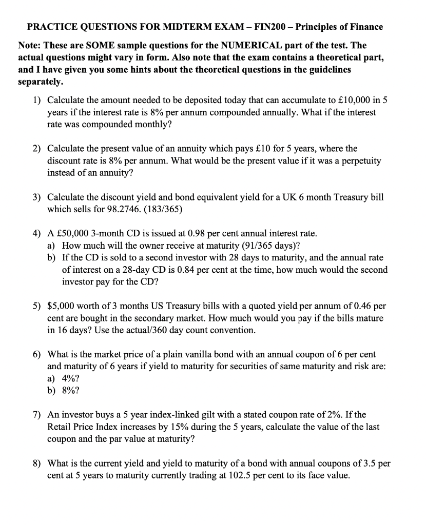 PRACTICE QUESTIONS FOR MIDTERM EXAM - FIN200 - | Chegg.com