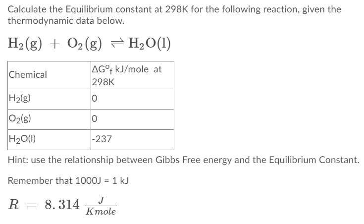 Solved Calculate The Equilibrium Constant At 298k For The