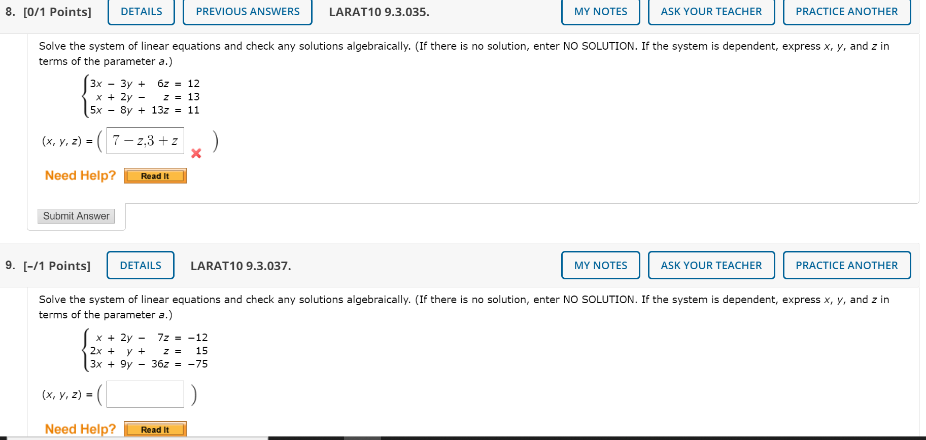 Solved Solve The System Of Linear Equations And Check Any