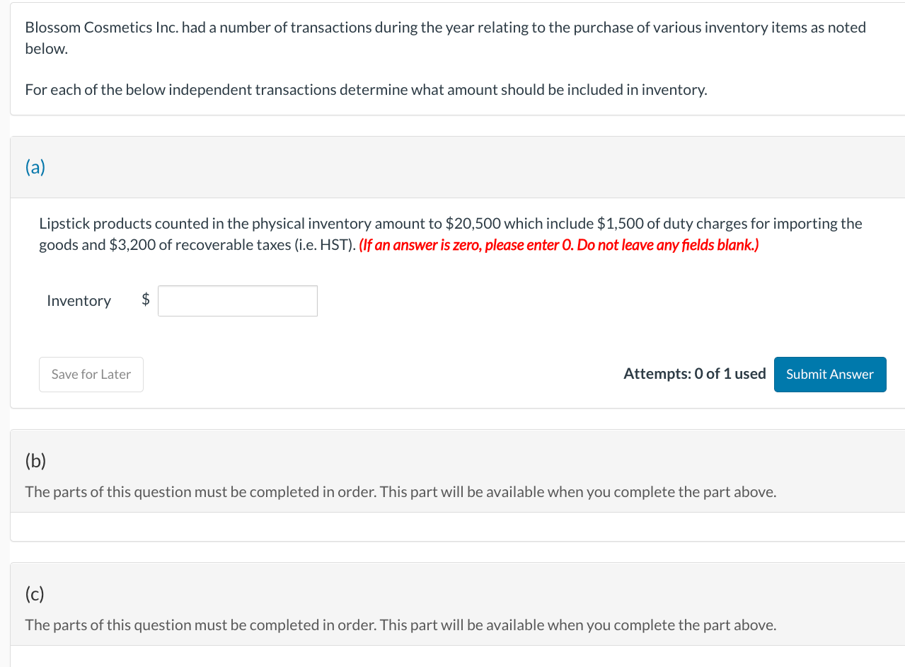 Solved Blossom Cosmetics Inc. had a number of transactions | Chegg.com