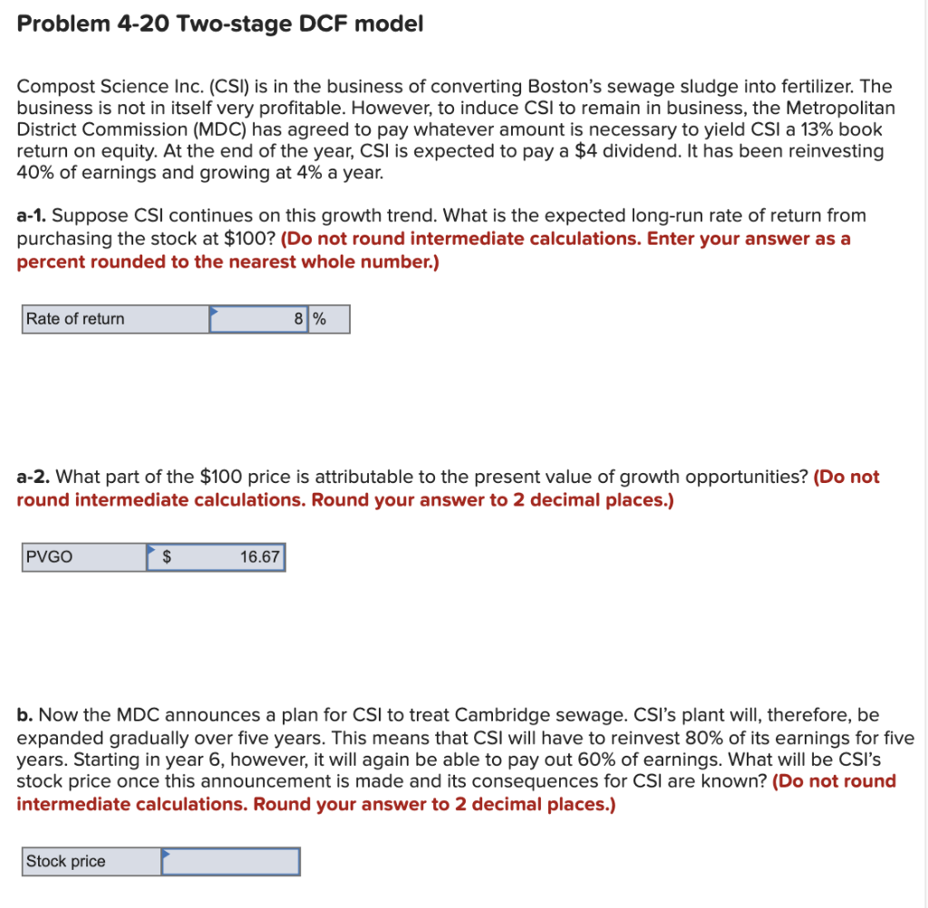 Solved Problem 4-20 Two-stage DCF model Compost Science Inc. | Chegg.com