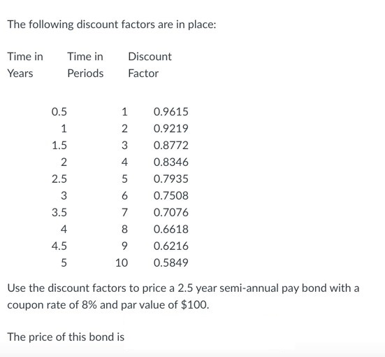Solved The following discount factors are in place: Time in | Chegg.com