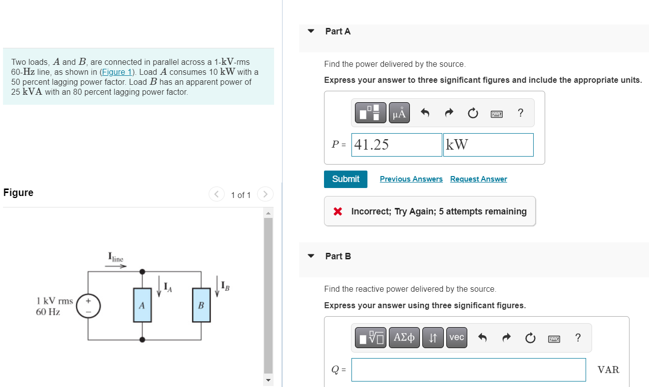 Solved Part A Two loads, A and B, are connected in parallel | Chegg.com