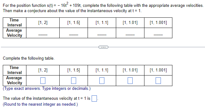Solved For the position function s(t)=−16t2+109t, complete | Chegg.com