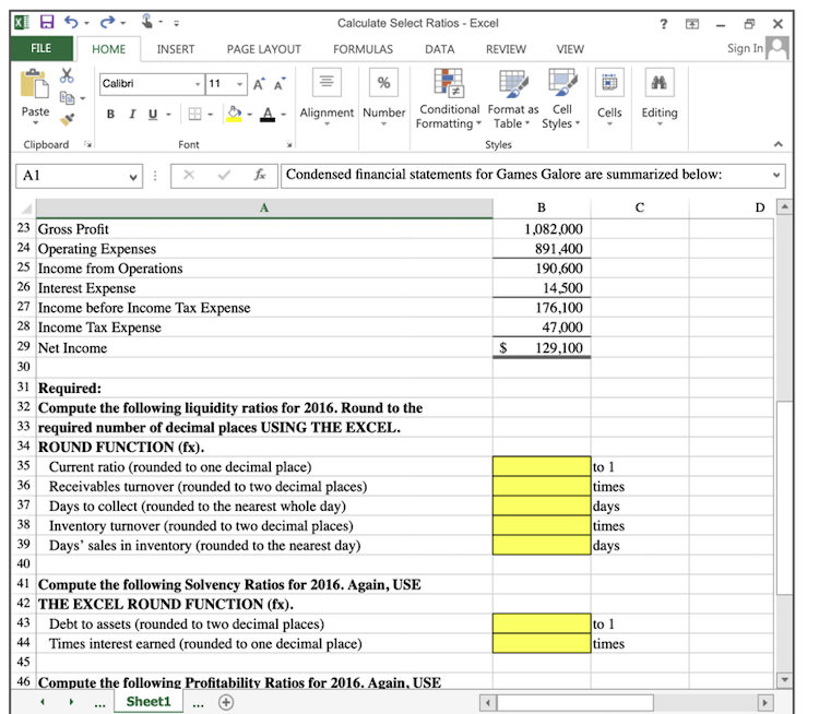 Solved XI 5 X Calculate Select Ratios - Excel FORMULAS DATA | Chegg.com