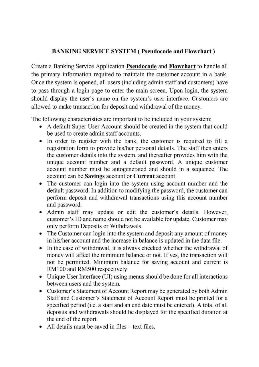 Solved BANKING SERVICE SYSTEM (Pseudocode and Flowchart) | Chegg.com
