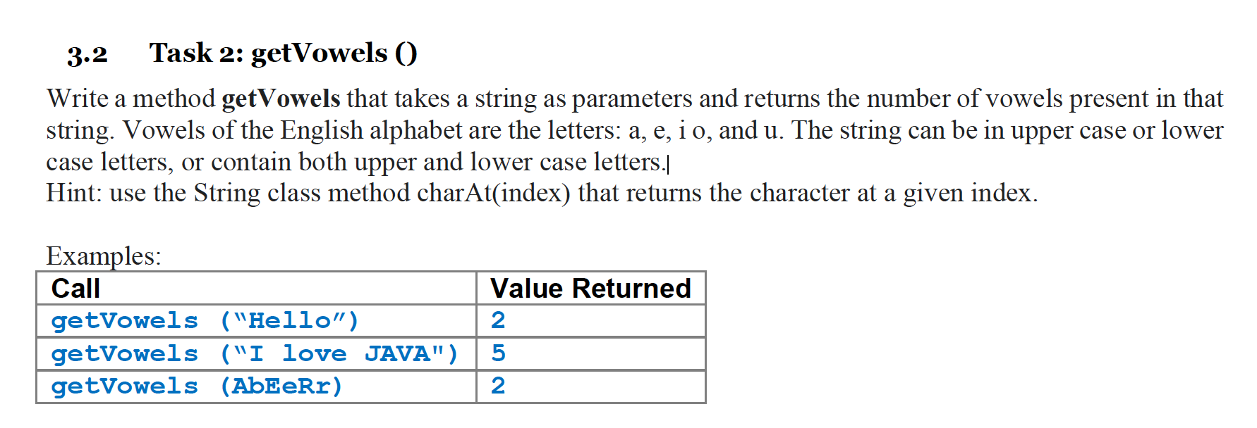 Solved 3.2 Task 2: getVowels () Write a method getVowels | Chegg.com