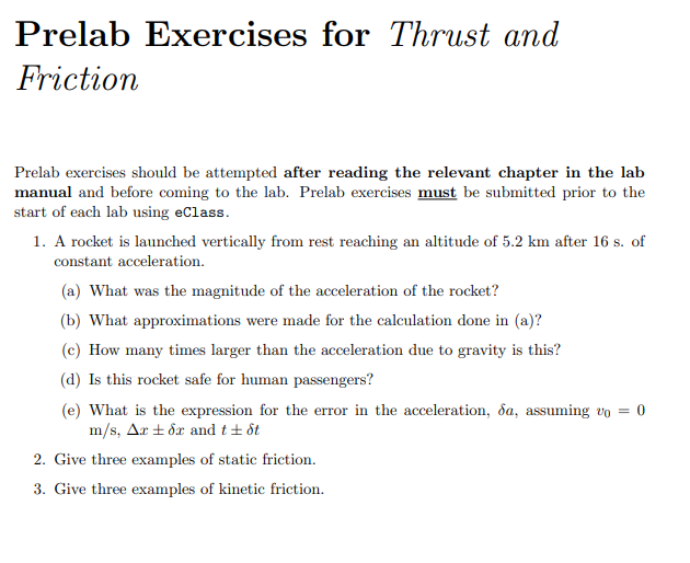 Solved Prelab Exercises for Thrust and Friction Prelab | Chegg.com