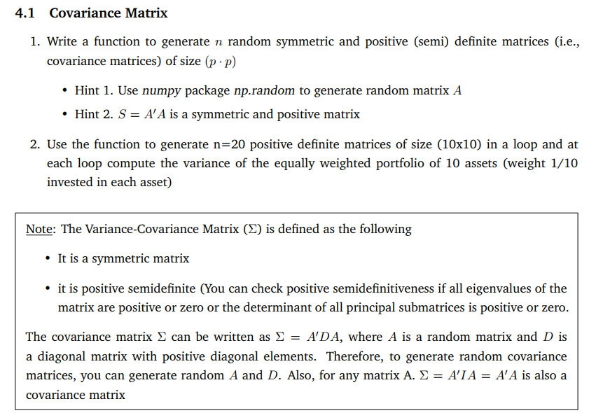 Solved 4.1 Covariance Matrix 1. Write a function to generate | Chegg.com