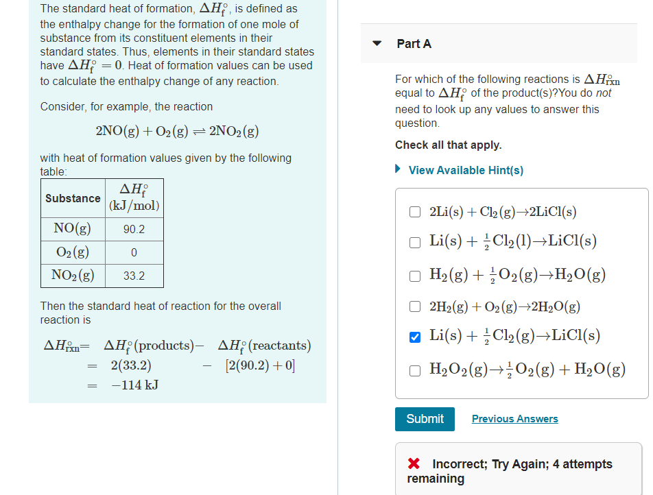 Solved Part A The standard heat of formation, AH, is defined | Chegg.com
