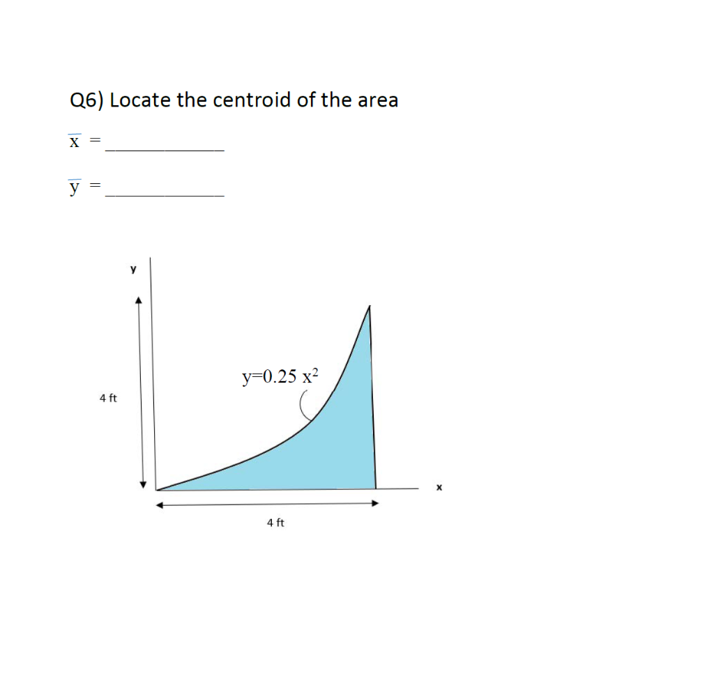 Solved Q6) Locate the centroid of the area y=0.25 x2 4 ft 4 | Chegg.com