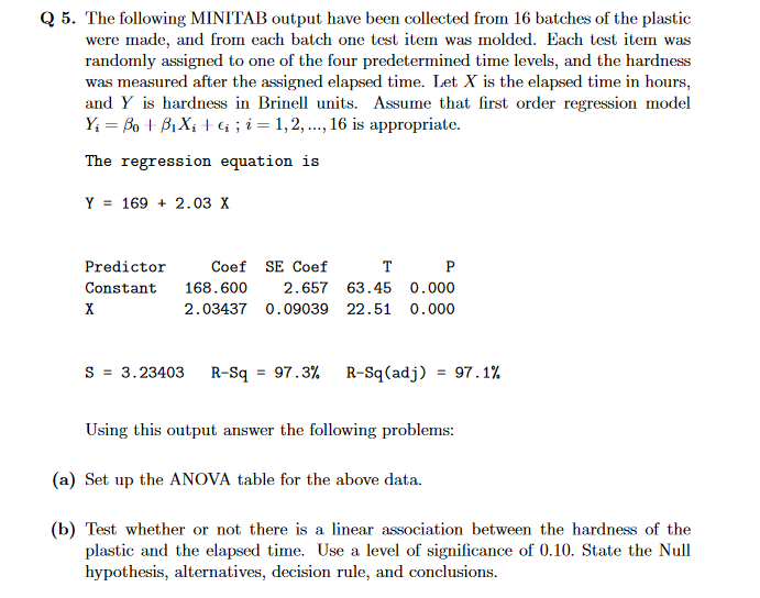 Solved Q 5. The following MINITAB output have been collected | Chegg.com