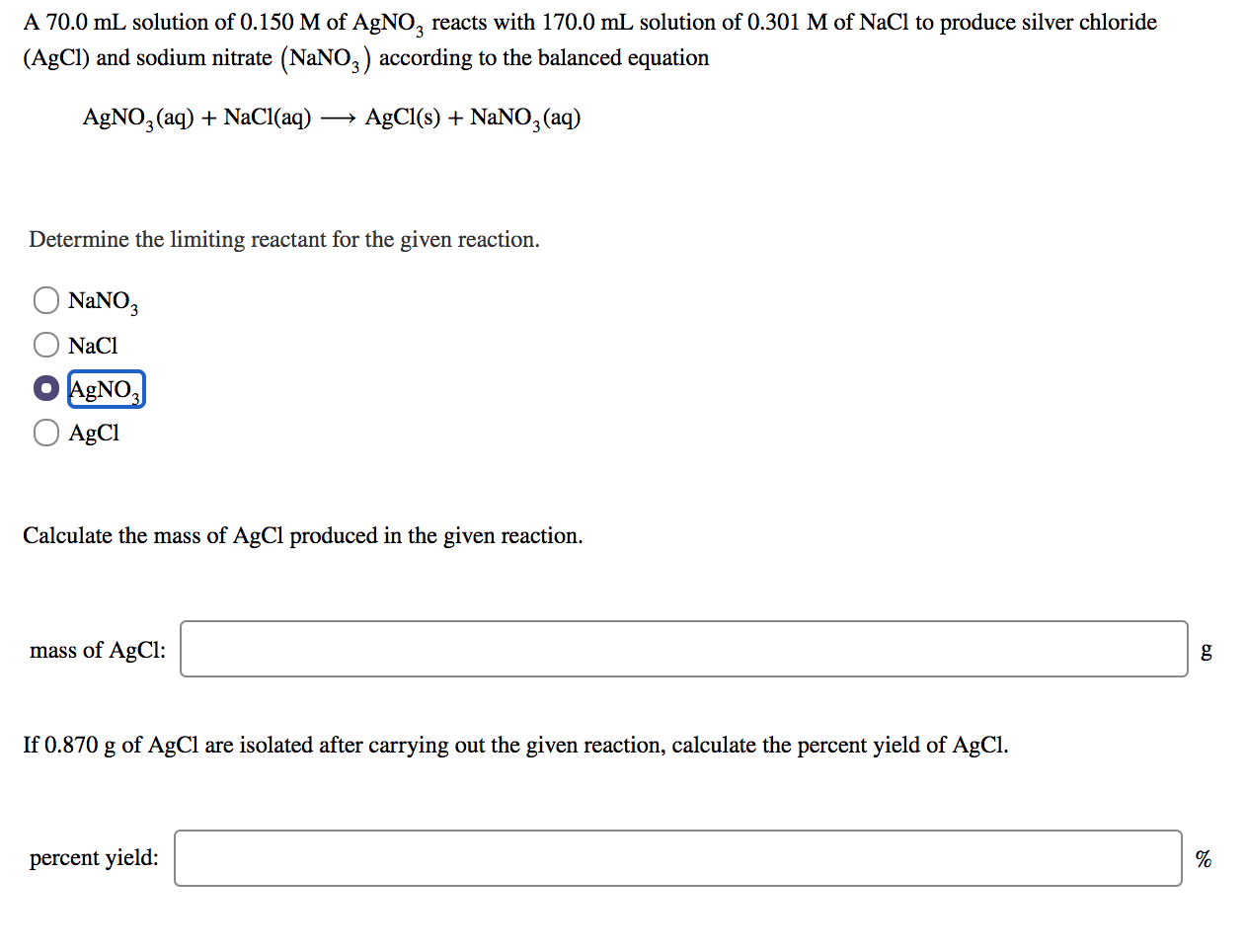 Solved A 70.0 mL solution of 0.150 M of AgNO3 reacts with | Chegg.com