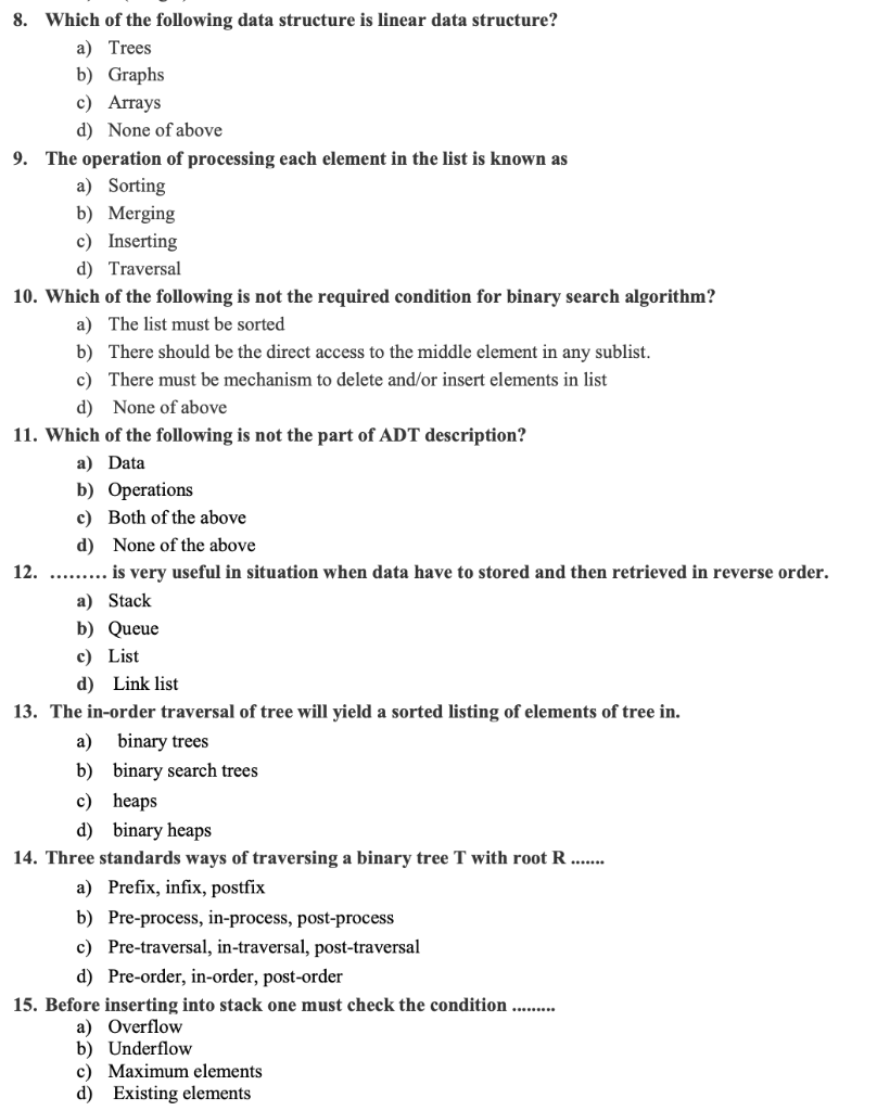 Solved 1. Stack is also called a) First in first out b) | Chegg.com