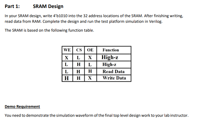 Solved In your SRAM design, write 4′ b1010 into the 32 | Chegg.com