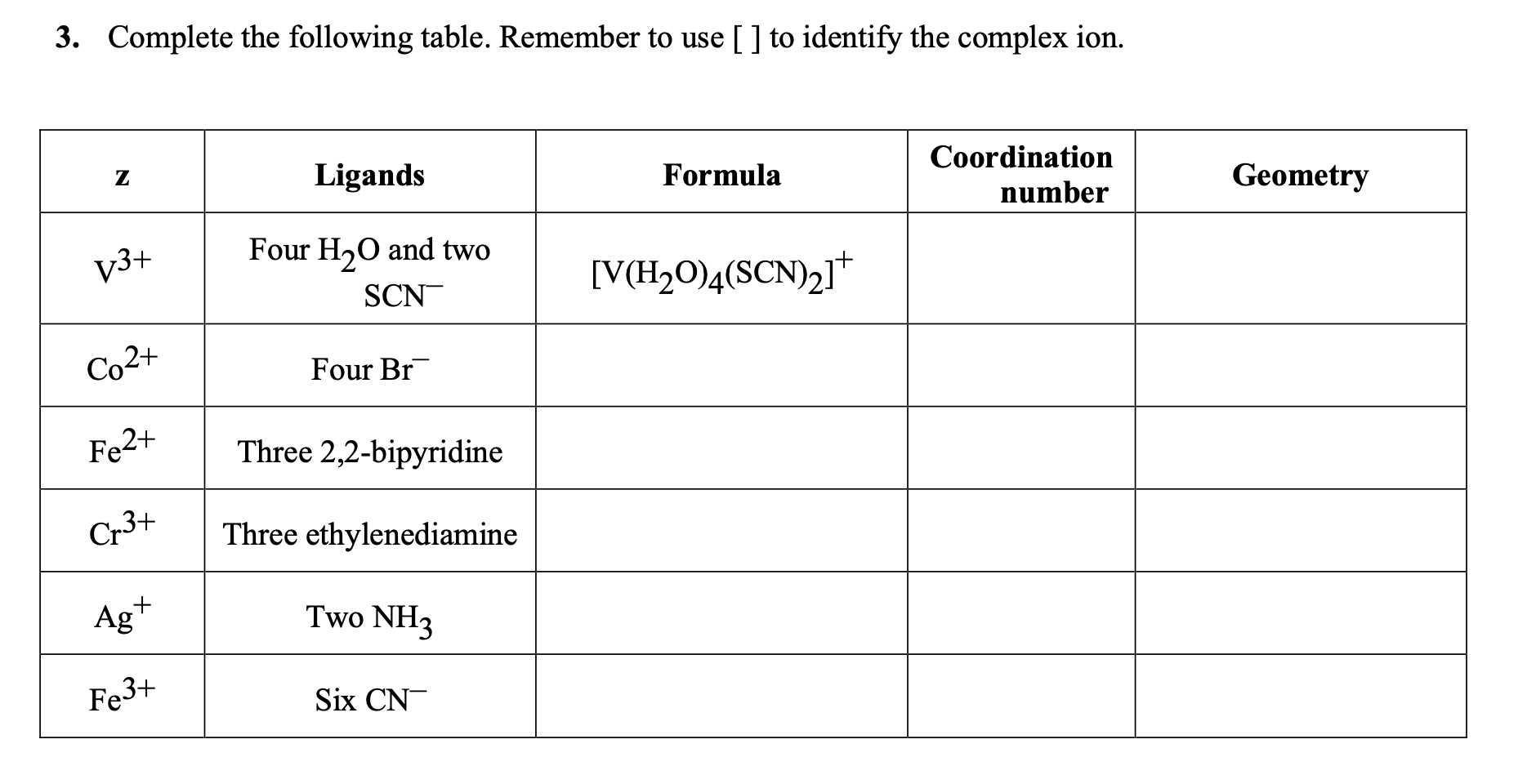 Solved 3. Complete the following table. Remember to use [ ] | Chegg.com